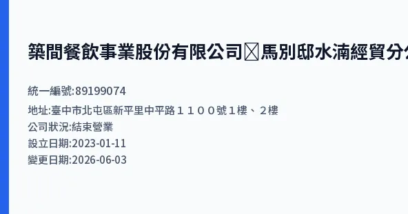 築間餐飲事業股份有限公司絵馬別邸水湳經貿分公司的照片-統編 89199074(臺中市) 公司登記資料與營業項目詳細圖表