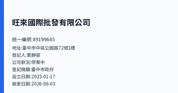 旺來國際批發有限公司的照片-統編 89199665(臺中市) 公司登記資料與營業項目詳細圖表