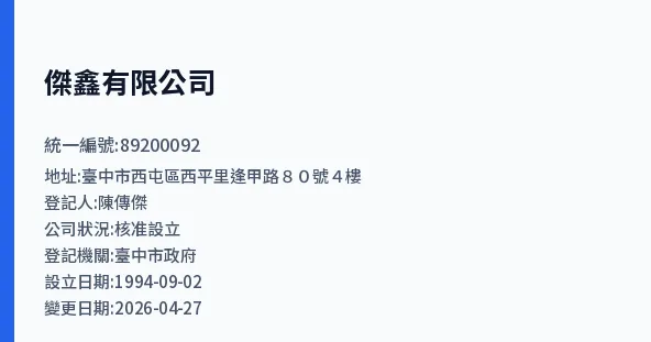 傑鑫有限公司的照片-統編 89200092(臺中市) 公司登記資料與營業項目詳細圖表