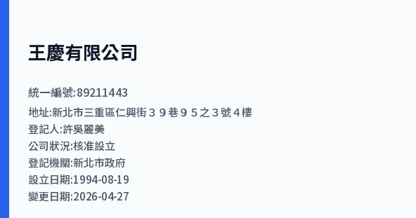 王慶有限公司的照片-統編 89211443(新北市) 公司登記資料與營業項目詳細圖表
