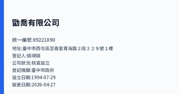 勖喬有限公司的照片-統編 89221890(臺中市) 公司登記資料與營業項目詳細圖表
