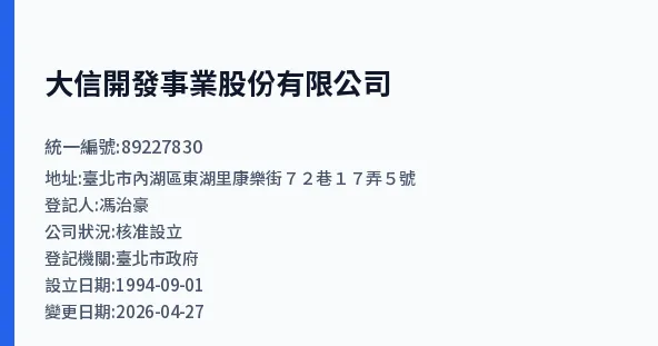 大信開發事業股份有限公司的照片-統編 89227830(臺北市) 公司登記資料與營業項目詳細圖表