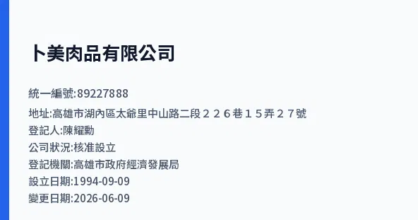 卜美肉品有限公司的照片-統編 89227888(高雄市) 公司登記資料與營業項目詳細圖表