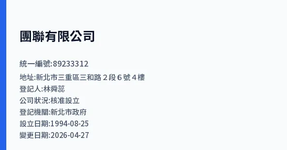 團聯有限公司的照片-統編 89233312(新北市) 公司登記資料與營業項目詳細圖表