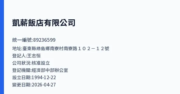 凱薪飯店有限公司的照片-統編 89236599(臺東縣) 公司登記資料與營業項目詳細圖表