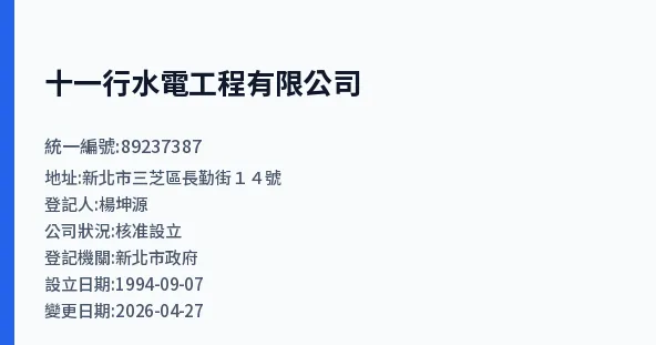 十一行水電工程有限公司的照片-統編 89237387(新北市) 公司登記資料與營業項目詳細圖表