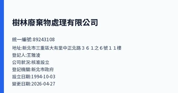 樹林廢棄物處理有限公司的照片-統編 89243108(新北市) 公司登記資料與營業項目詳細圖表