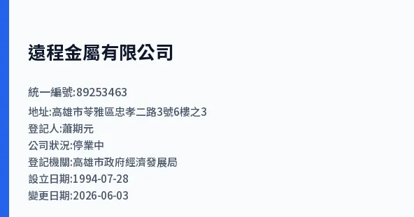 遠程金屬有限公司的照片-統編 89253463(高雄市) 公司登記資料與營業項目詳細圖表