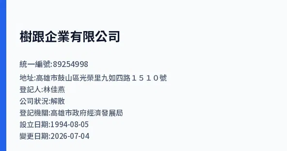 樹跟企業有限公司的照片-統編 89254998(高雄市) 公司登記資料與營業項目詳細圖表