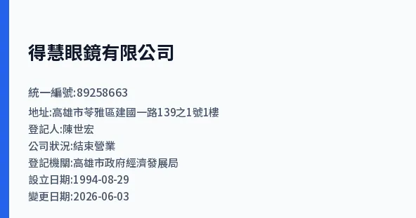 得慧眼鏡有限公司的照片-統編 89258663(高雄市) 公司登記資料與營業項目詳細圖表