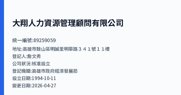 大翔人力資源管理顧問有限公司的照片-統編 89259059(高雄市) 公司登記資料與營業項目詳細圖表