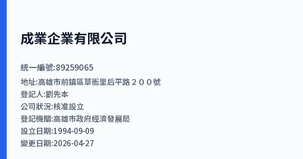 成業企業有限公司的照片-統編 89259065(高雄市) 公司登記資料與營業項目詳細圖表