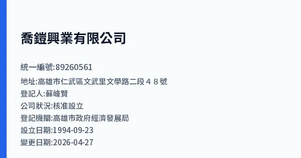 喬鎧興業有限公司的照片-統編 89260561(高雄市) 公司登記資料與營業項目詳細圖表