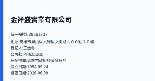 金祥盛實業有限公司的照片-統編 89261338(高雄市) 公司登記資料與營業項目詳細圖表