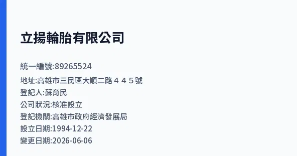 立揚輪胎有限公司的照片-統編 89265524(高雄市) 公司登記資料與營業項目詳細圖表