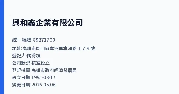 興和鑫企業有限公司的照片-統編 89271700(高雄市) 公司登記資料與營業項目詳細圖表