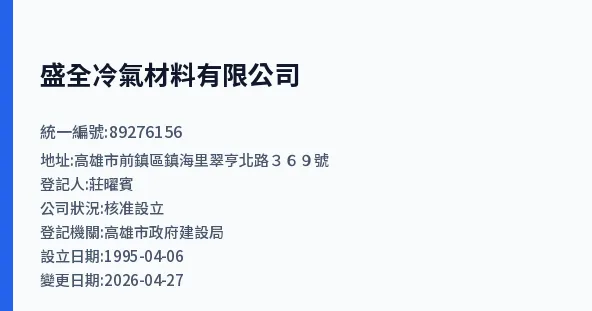 盛全冷氣材料有限公司的照片-統編 89276156(高雄市) 公司登記資料與營業項目詳細圖表