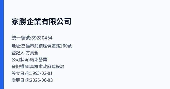 家勝企業有限公司的照片-統編 89280454(高雄市) 公司登記資料與營業項目詳細圖表