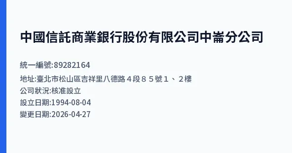 中國信託商業銀行股份有限公司中崙分公司的照片-統編 89282164(臺北市) 公司登記資料與營業項目詳細圖表