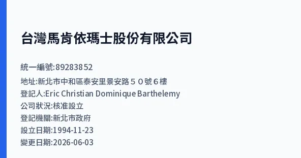 台灣馬肯依瑪士股份有限公司的照片-統編 89283852(新北市) 公司登記資料與營業項目詳細圖表