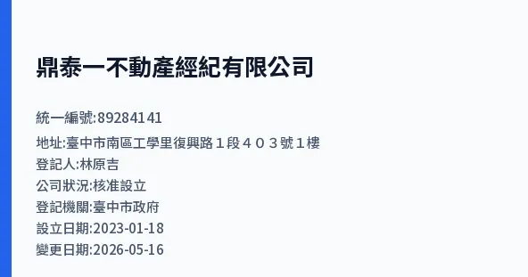 鼎泰一不動產經紀有限公司的照片-統編 89284141(臺中市) 公司登記資料與營業項目詳細圖表