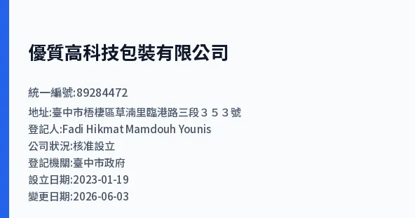 優質高科技包裝有限公司的照片-統編 89284472(臺中市) 公司登記資料與營業項目詳細圖表