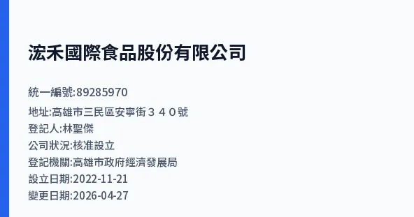 浤禾國際食品股份有限公司的照片-統編 89285970(高雄市) 公司登記資料與營業項目詳細圖表