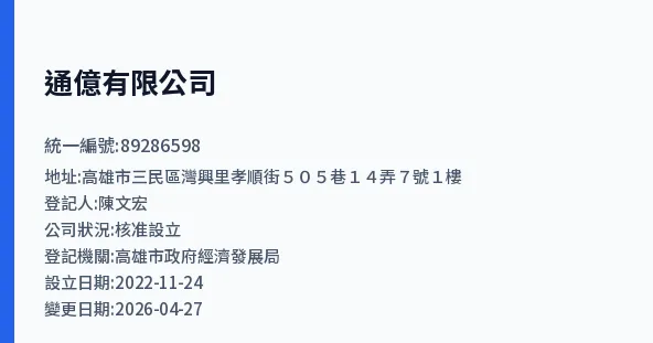通億有限公司的照片-統編 89286598(高雄市) 公司登記資料與營業項目詳細圖表