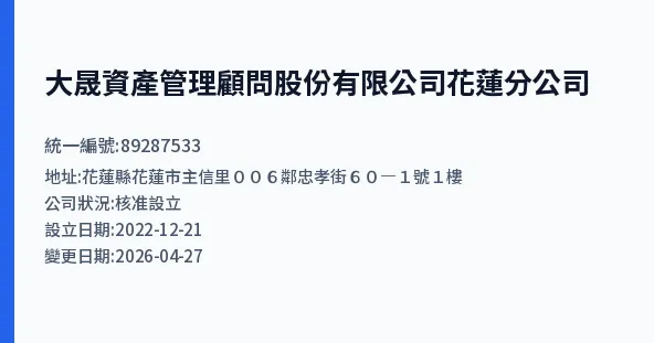 大晟資產管理顧問股份有限公司花蓮分公司的照片-統編 89287533(花蓮縣) 公司登記資料與營業項目詳細圖表