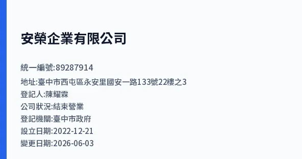 安榮企業有限公司的照片-統編 89287914(臺中市) 公司登記資料與營業項目詳細圖表