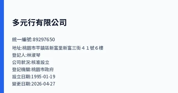 多元行有限公司的照片-統編 89297650(桃園市) 公司登記資料與營業項目詳細圖表
