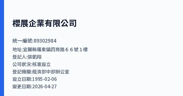 櫻展企業有限公司的照片-統編 89302984(宜蘭縣) 公司登記資料與營業項目詳細圖表