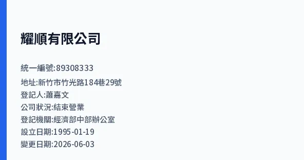 耀順有限公司的照片-統編 89308333(新竹縣) 公司登記資料與營業項目詳細圖表