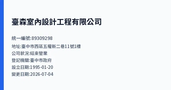 臺森室內設計工程有限公司的照片-統編 89309298(臺中市) 公司登記資料與營業項目詳細圖表