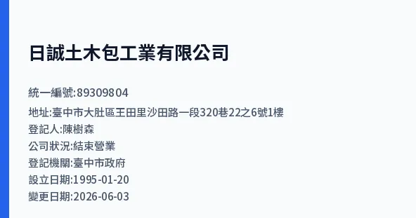 日誠土木包工業有限公司的照片-統編 89309804(臺中市) 公司登記資料與營業項目詳細圖表