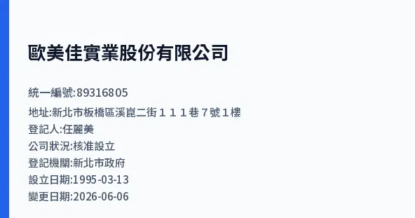 歐美佳實業股份有限公司的照片-統編 89316805(新北市) 公司登記資料與營業項目詳細圖表