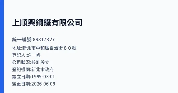 上順興鋼鐵有限公司的照片-統編 89317327(新北市) 公司登記資料與營業項目詳細圖表