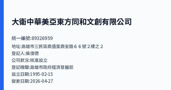 大衛中華美亞東方同和文創有限公司的照片-統編 89326959(高雄市) 公司登記資料與營業項目詳細圖表