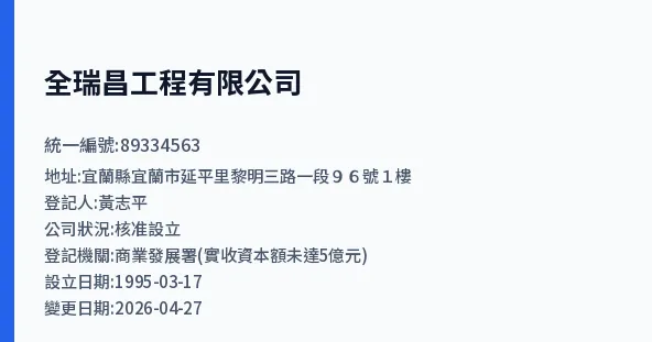 全瑞昌工程有限公司的照片-統編 89334563(宜蘭縣) 公司登記資料與營業項目詳細圖表