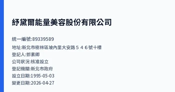 紓黛爾能量美容股份有限公司的照片-統編 89339589(新北市) 公司登記資料與營業項目詳細圖表
