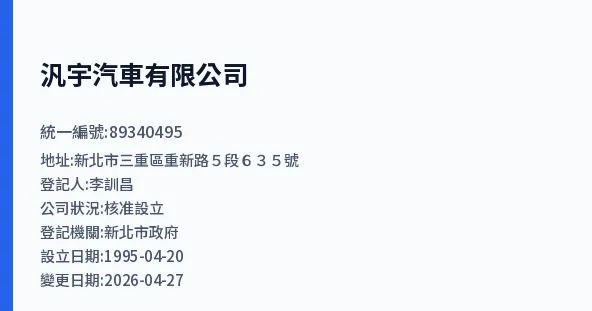汎宇汽車有限公司的照片-統編 89340495(新北市) 公司登記資料與營業項目詳細圖表