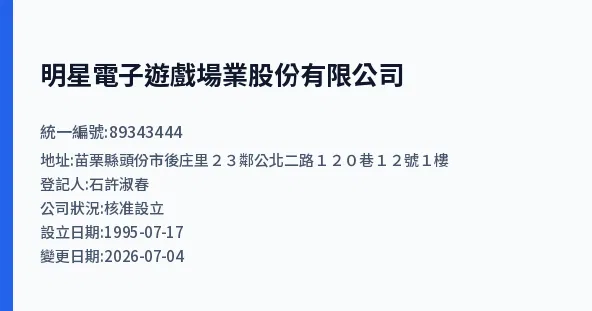 明星電子遊戲場業股份有限公司的照片-統編 89343444(苗栗縣) 公司登記資料與營業項目詳細圖表
