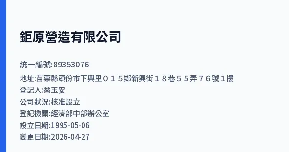 鉅原營造有限公司的照片-統編 89353076(苗栗縣) 公司登記資料與營業項目詳細圖表
