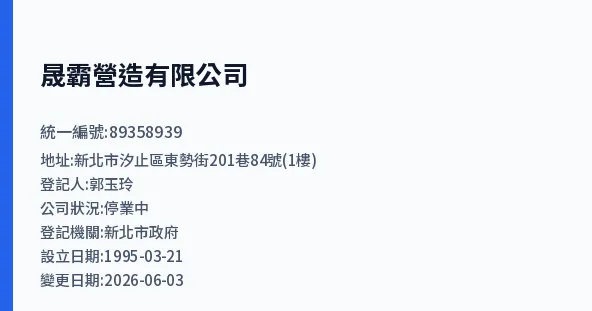 晟霸營造有限公司的照片-統編 89358939(新北市) 公司登記資料與營業項目詳細圖表