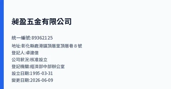 昶盈五金有限公司的照片-統編 89362125(彰化縣) 公司登記資料與營業項目詳細圖表