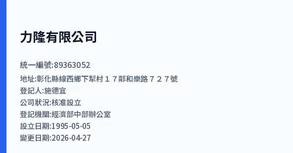 力隆有限公司的照片-統編 89363052(彰化縣) 公司登記資料與營業項目詳細圖表