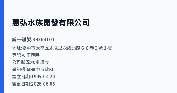 惠弘水族開發有限公司的照片-統編 89364101(臺中市) 公司登記資料與營業項目詳細圖表