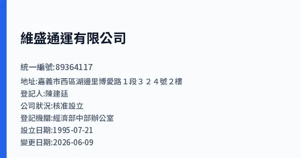 維盛通運有限公司的照片-統編 89364117(嘉義市) 公司登記資料與營業項目詳細圖表