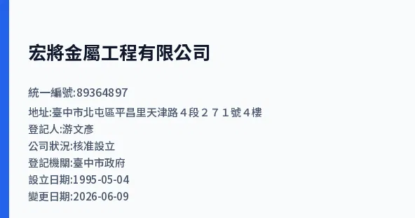 宏將金屬工程有限公司的照片-統編 89364897(臺中市) 公司登記資料與營業項目詳細圖表