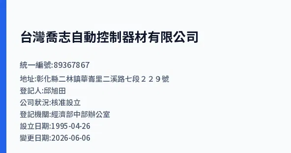 台灣喬志自動控制器材有限公司的照片-統編 89367867(彰化縣) 公司登記資料與營業項目詳細圖表